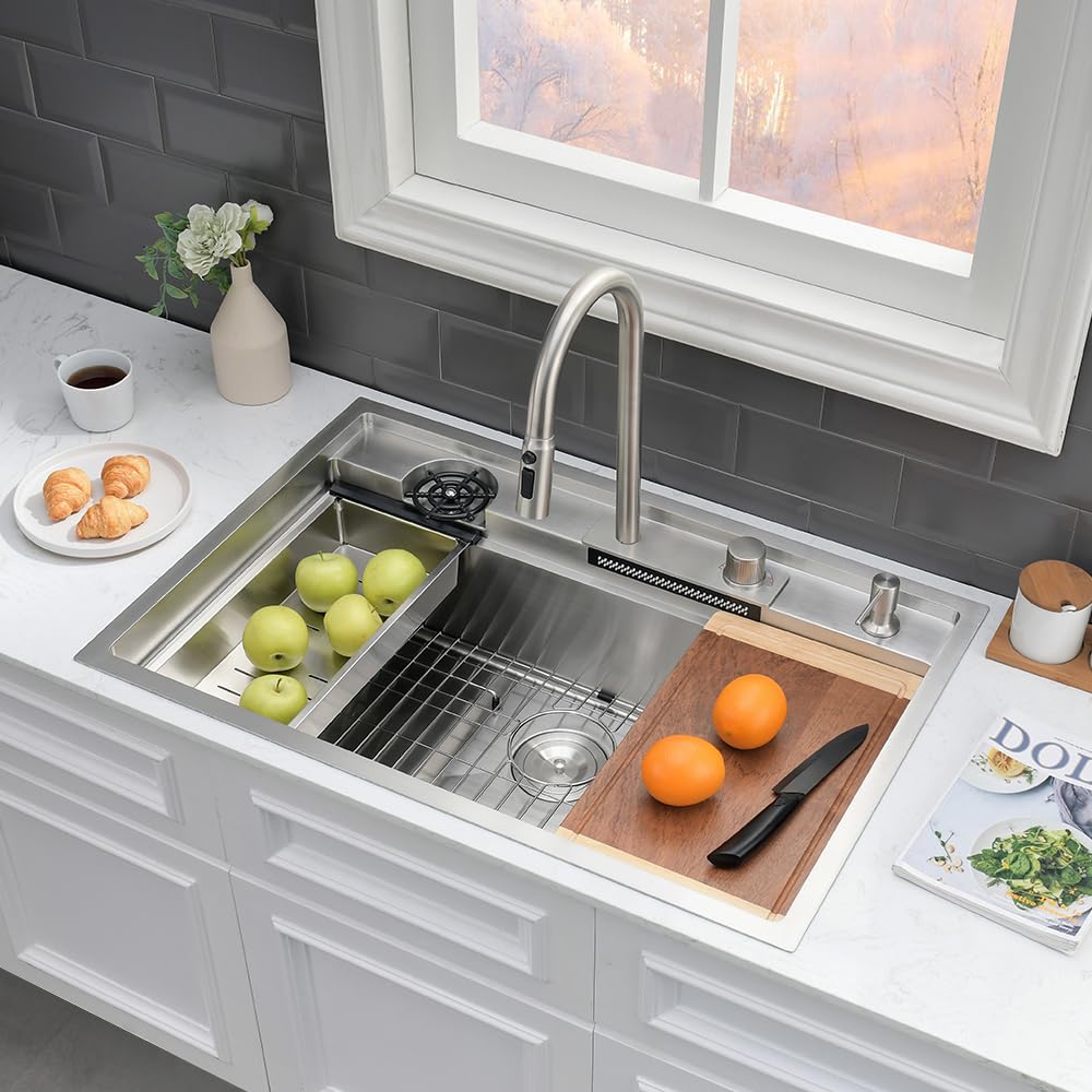 33 Inch Drop In Waterfall Kitchen Sink Workstation-VASOYO 33x22 Inch ...