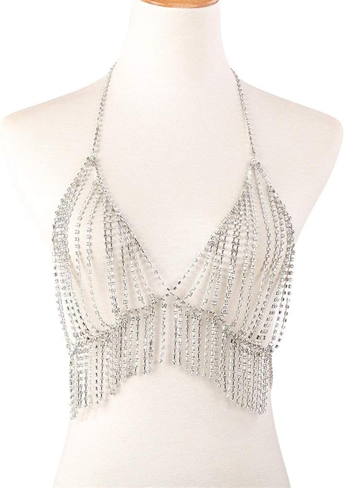 DLJRX Women's Fashion Tassel Body Chain Multi-Layer Rhinestone Chest ...