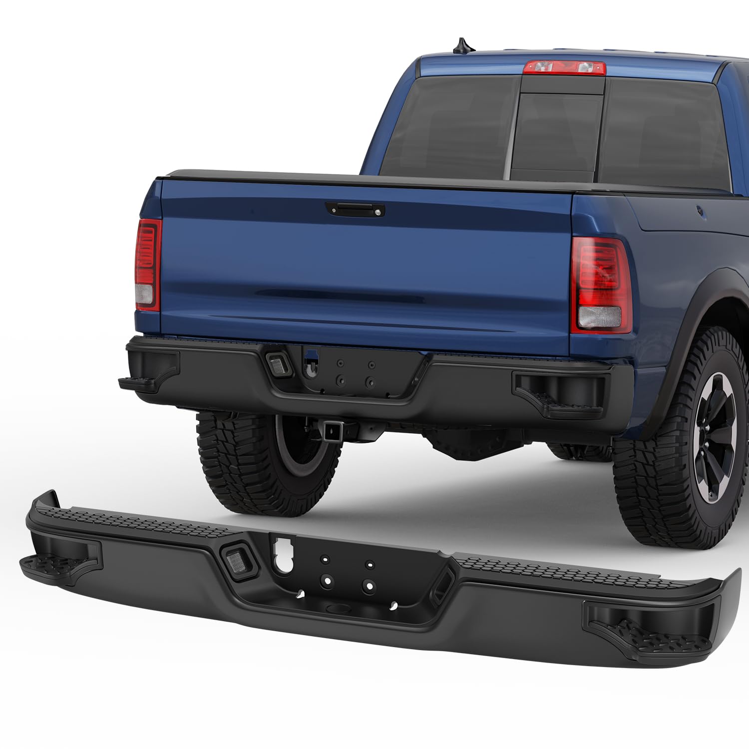 KUIPERAUTO Black Rear Bumper Assembly +Step Pads Compatible for 2009-18 ...