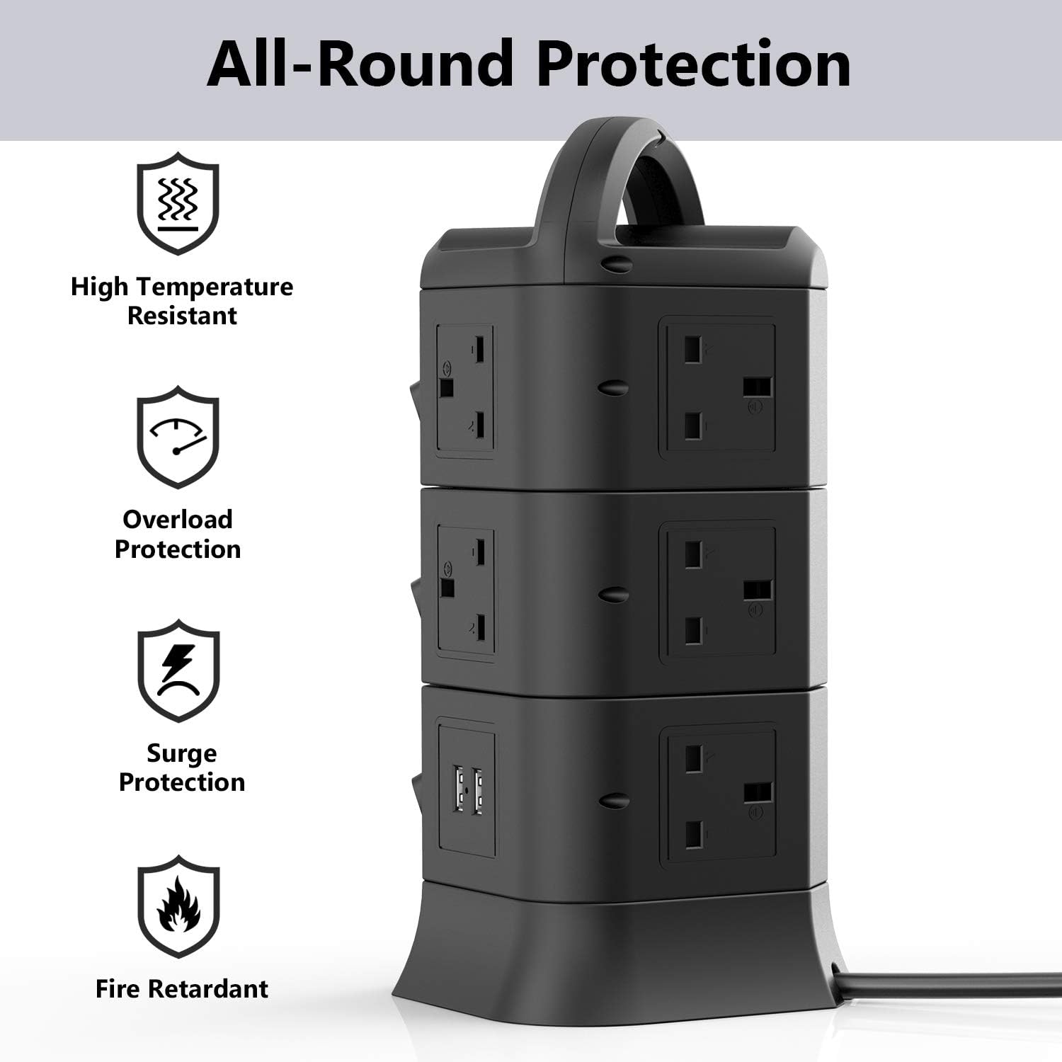 10 Way Outlets Tower Power Strip with 4 USB Ports,5V/3.1A Per Port Max ...