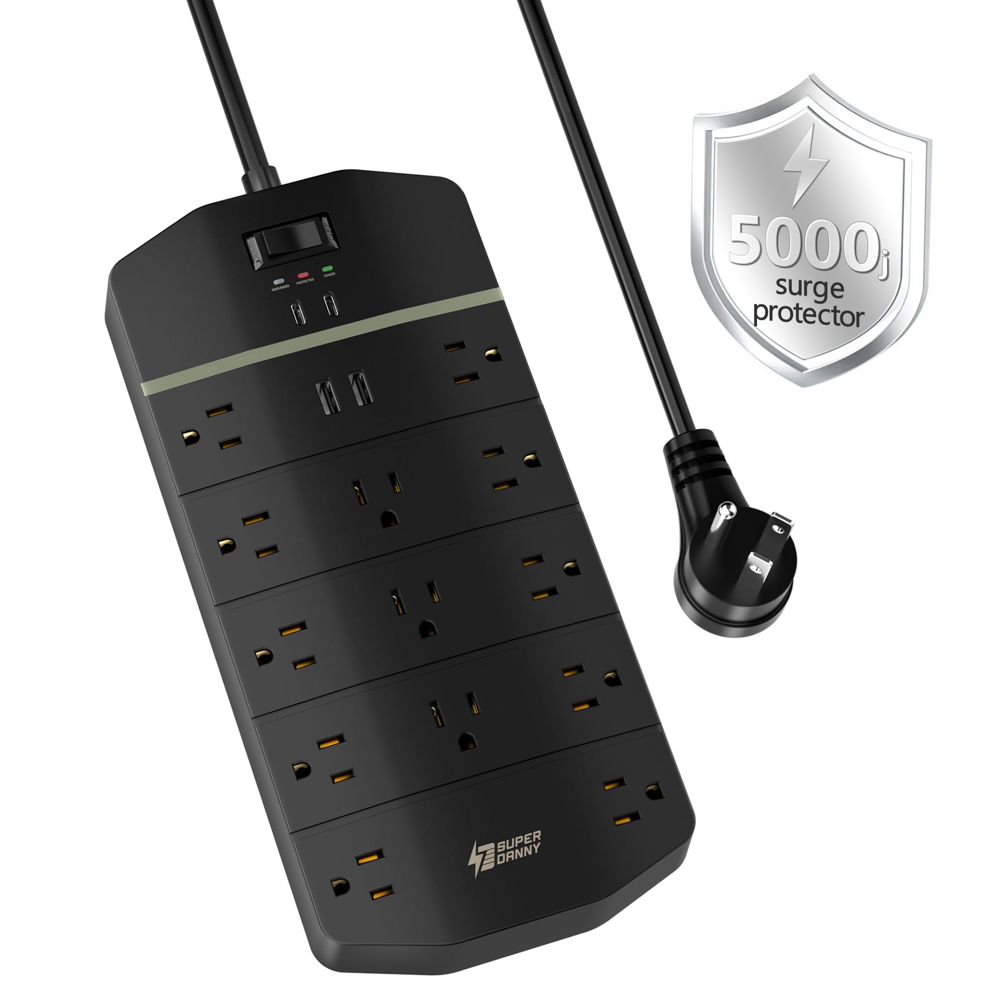 Power Strip,SUPERDANNY 5000 Joules Surge Protector with 13 AC Outlets 2 ...