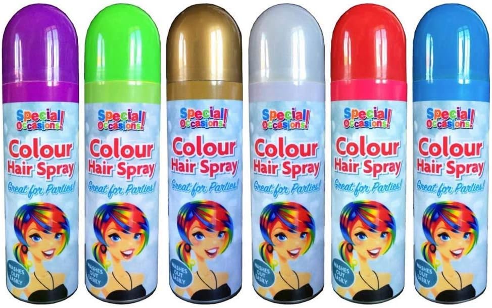 6 x Colour hair Spray- BLUE,PURPLE,GREEN,SILVER,GOLD AND RED: Amazon.co ...