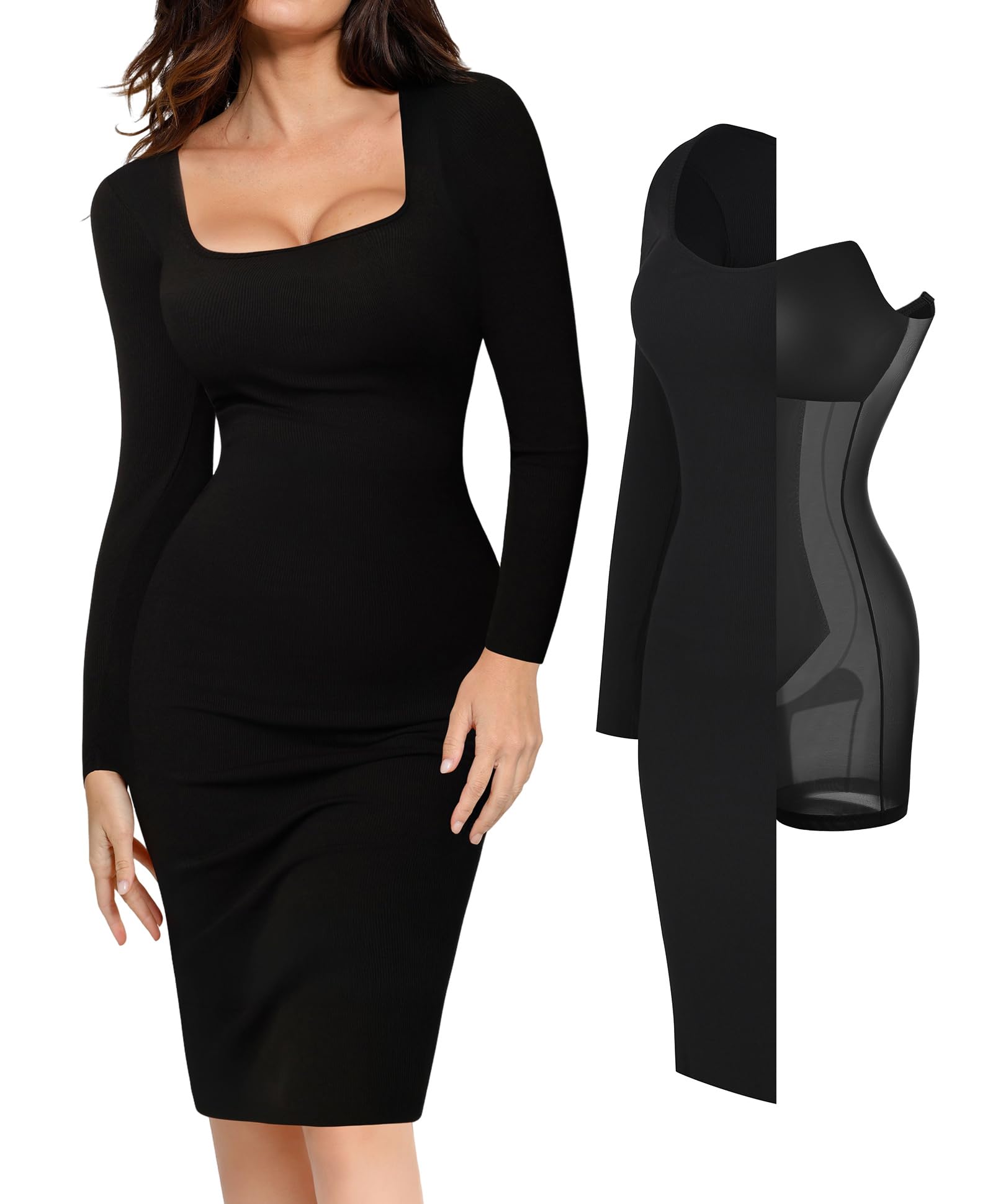 Popilush Party Dress Long Sleeve Bodycon Midi Dresses Shapewear Tummy ...