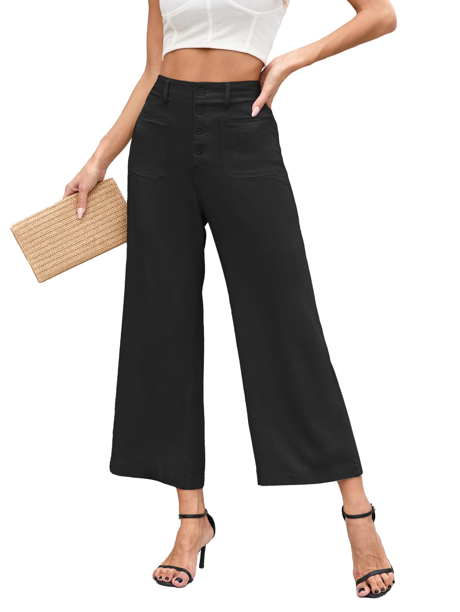 Famulily Button Down Wide Leg Pant Solid Color Linen Capri Pant for ...