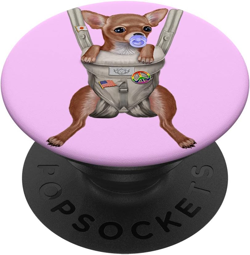 Brauner Chihuahua-Hund mit einem Schnuller in der Babytrage PopSockets ...