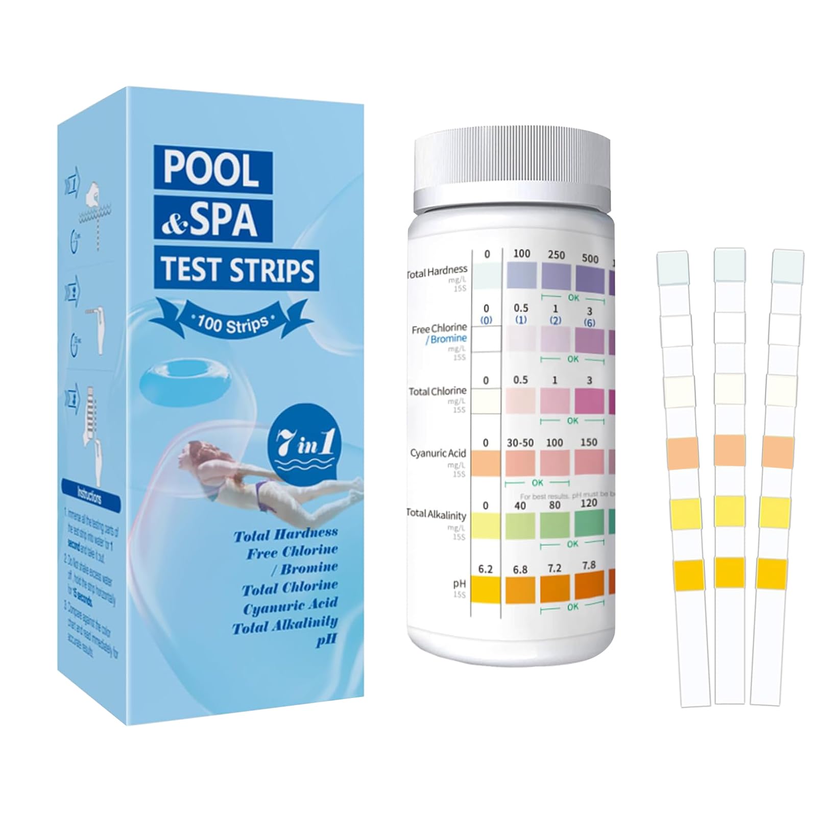 Pool Test Strips 7-Way 100 Strips Water Chemical Test for Hot Tub Swim ...