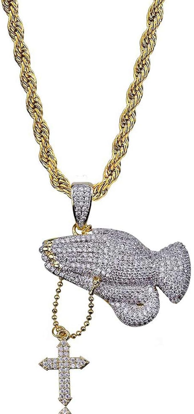 Hip Hop Necklace Cross Prayer Gesture Necklace Pendant Vintage Gold ...