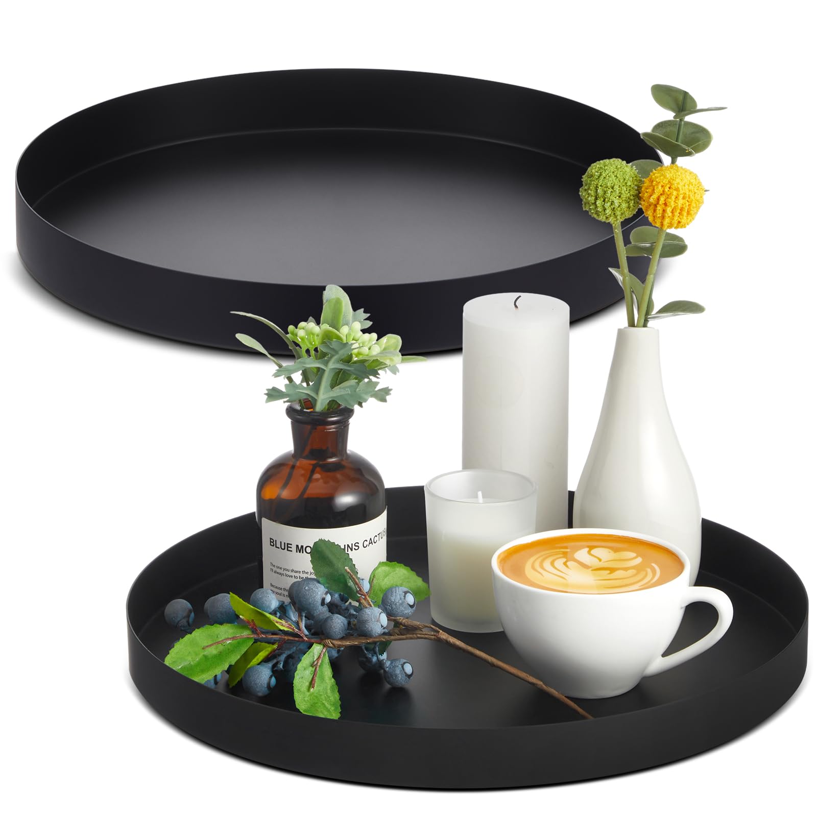 DoubleFill 2 Pcs 11.8" Black Round Tray Metal Coffee Table Tray Candle ...