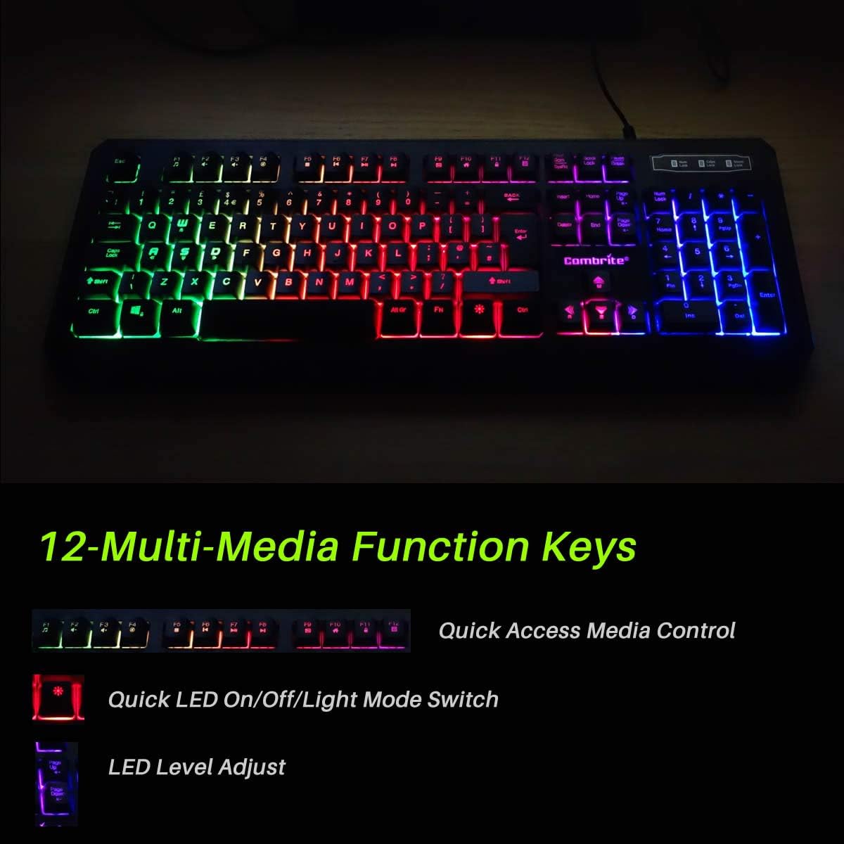 Combrite Gaming Keyboard Rainbow RGB LED Illuminated Keys, Backlit, USB ...