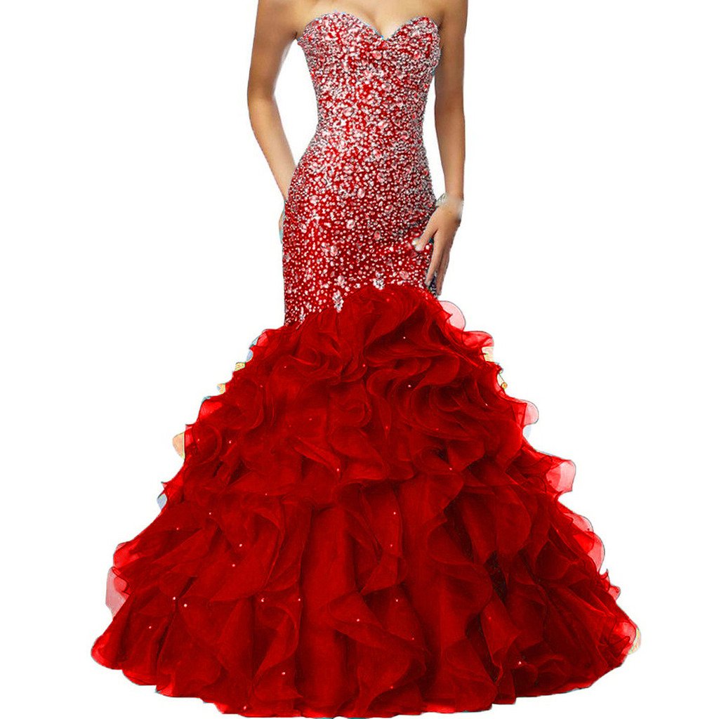 Lemai Crystals Long Mermaid Ruffles Corset Formal Prom Evening Dress