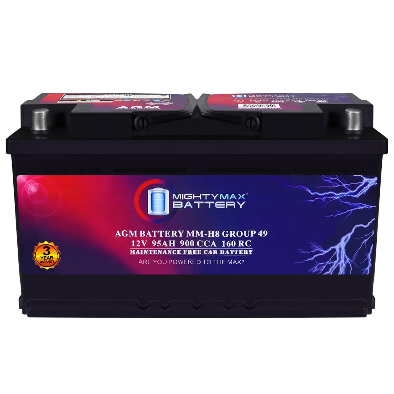 Mighty Max Battery MM-H8 Start and Stop Car BCI Group 49 12V 95Ah, 160RC, 900 CCA Rechargeable ...
