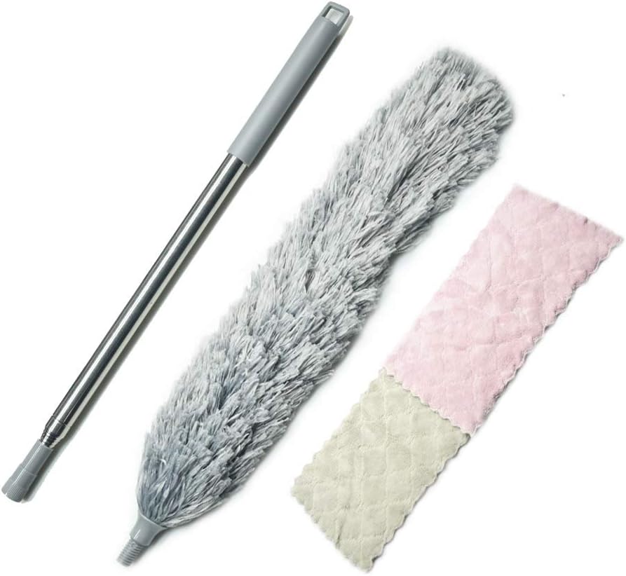Hxiu Extendable Feather Duster ，100 Inches Stainless Steel Extension Pole，Microfiber Duster with ...