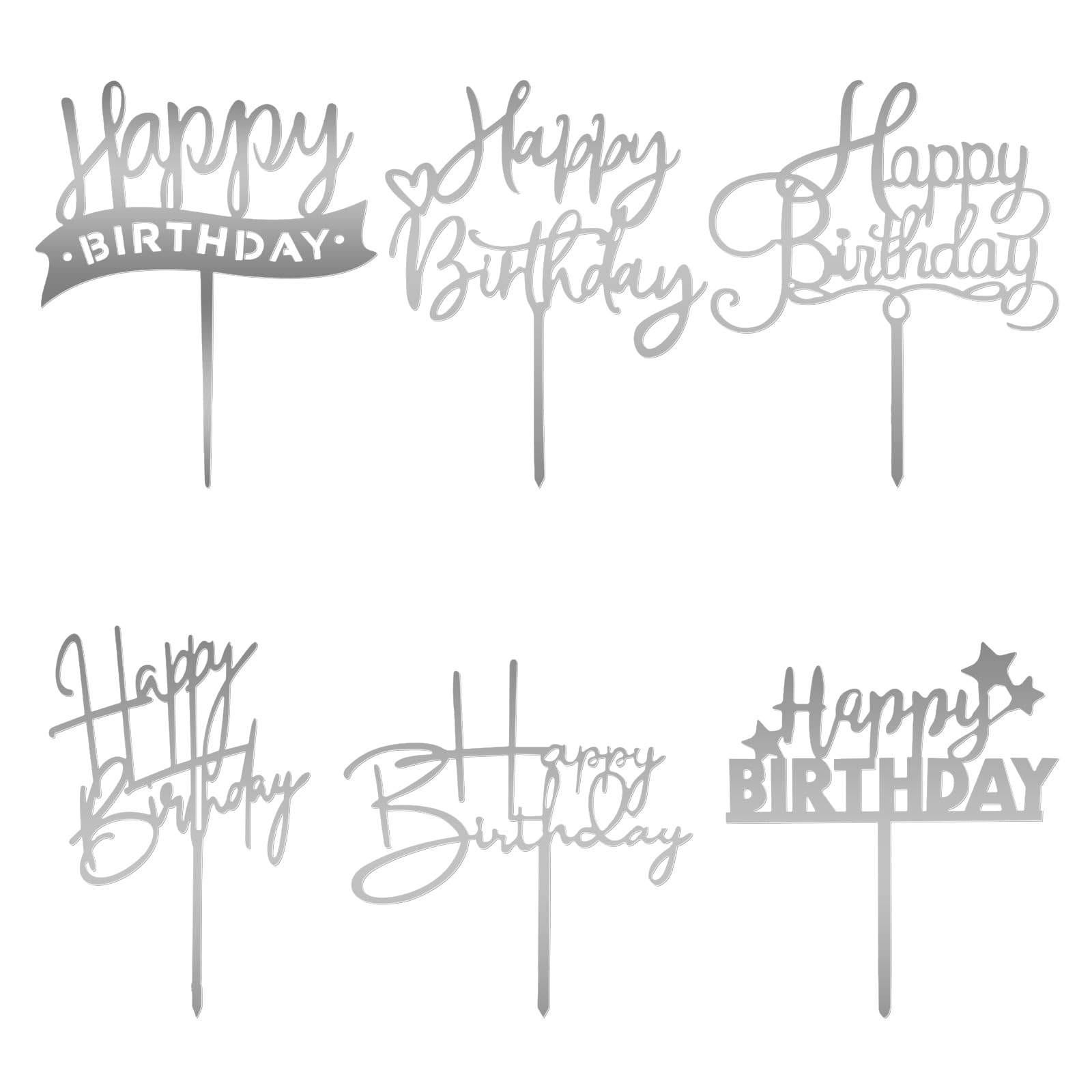 6 Pcs Silver Cake Topper Silver Happy Birthday Sign for Cake ...