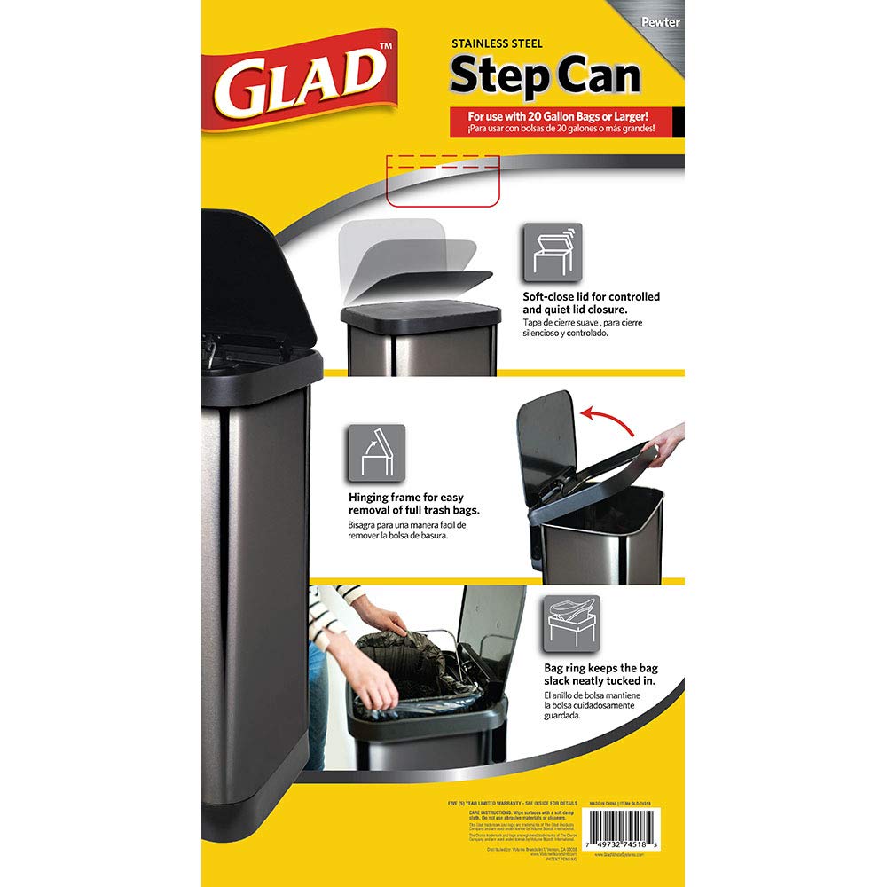 GLAD GLD-74518 20 Gallon / 75.5 Liter Extra Capacity Stainless Steel ...