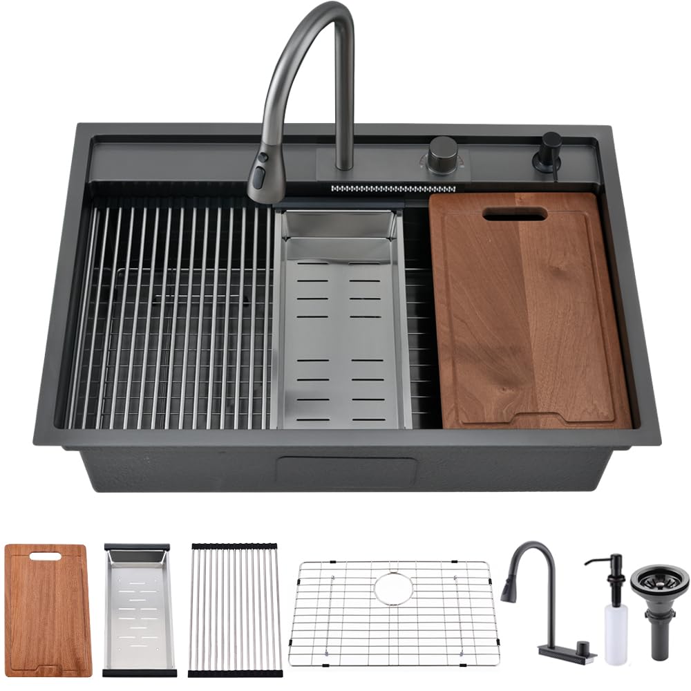 33 Inch Black Drop In Waterfall Kitchen Sink -Bokaiya 33x19 Drop In ...