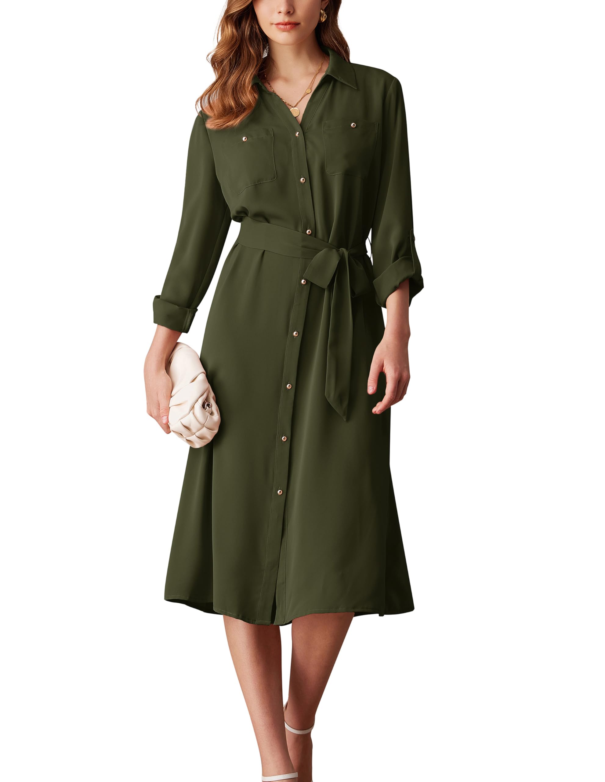GRACE KARIN Womens Casual Shirt Dress Adjustable Sleeve Length Button ...