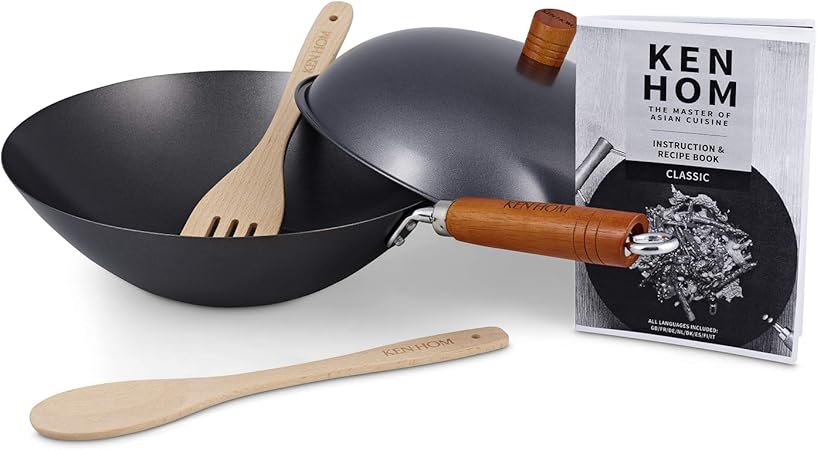 Ken Hom Classic Non-Stick Wok Set with Lid and Tools, Carbon Steel ...