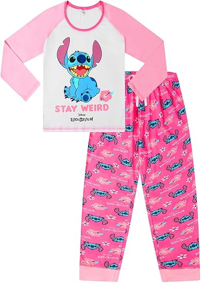 Disney Lilo and Stitch Stay Weird Pink White Long Ladies Pyjamas Pjs ...