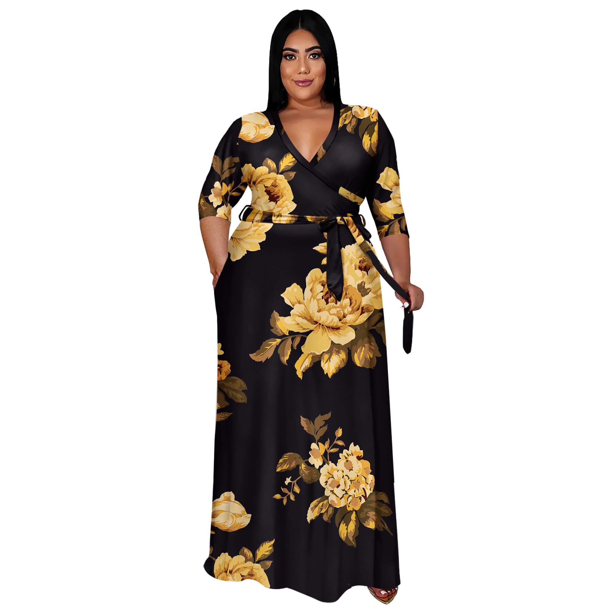 Runwind Plus Size Dress for Women 3/4 Sleeve V Neck Maxi Dresses for ...