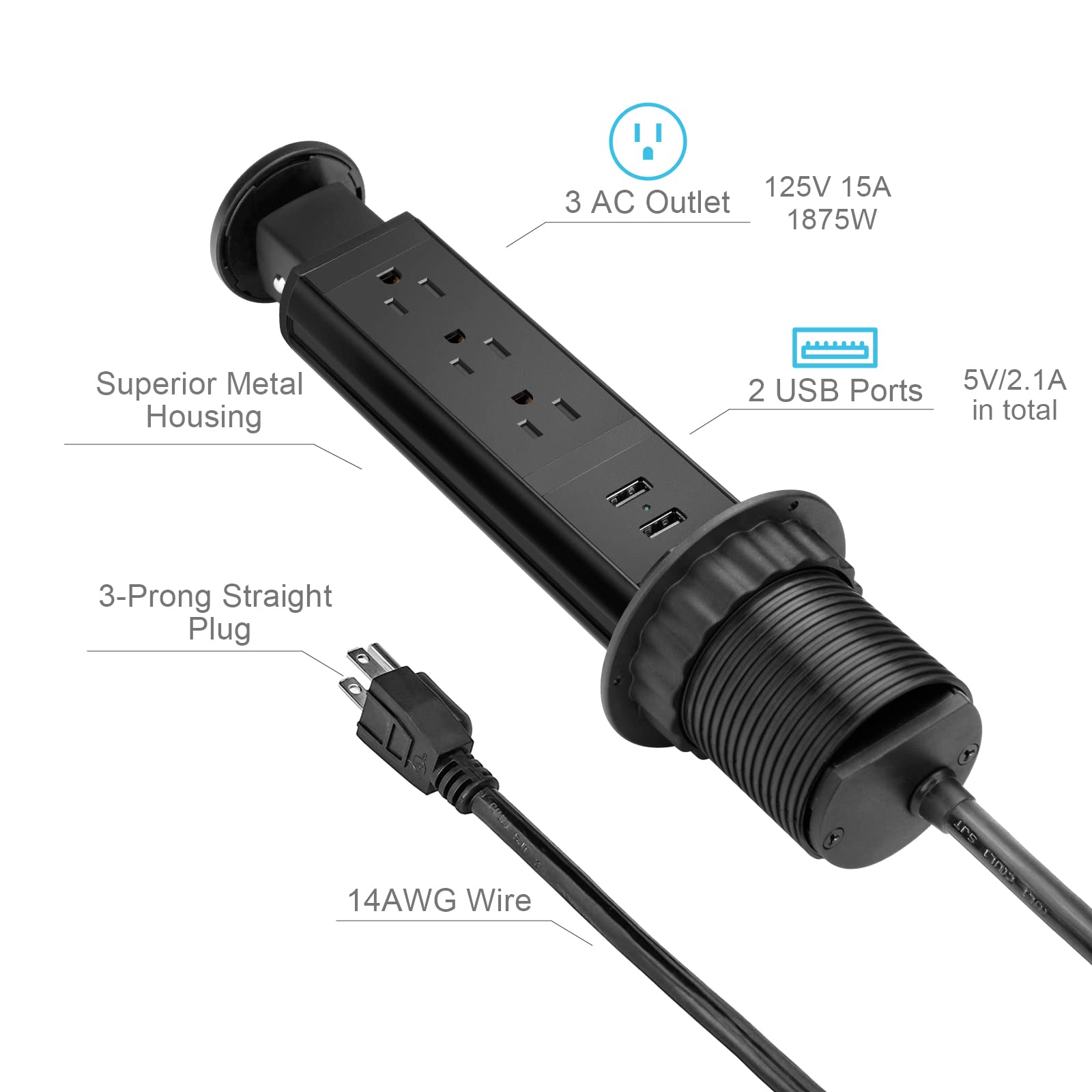 Pop Up Electrical Outlet For Countertop, Recessed Power Strip With 3 AC ...