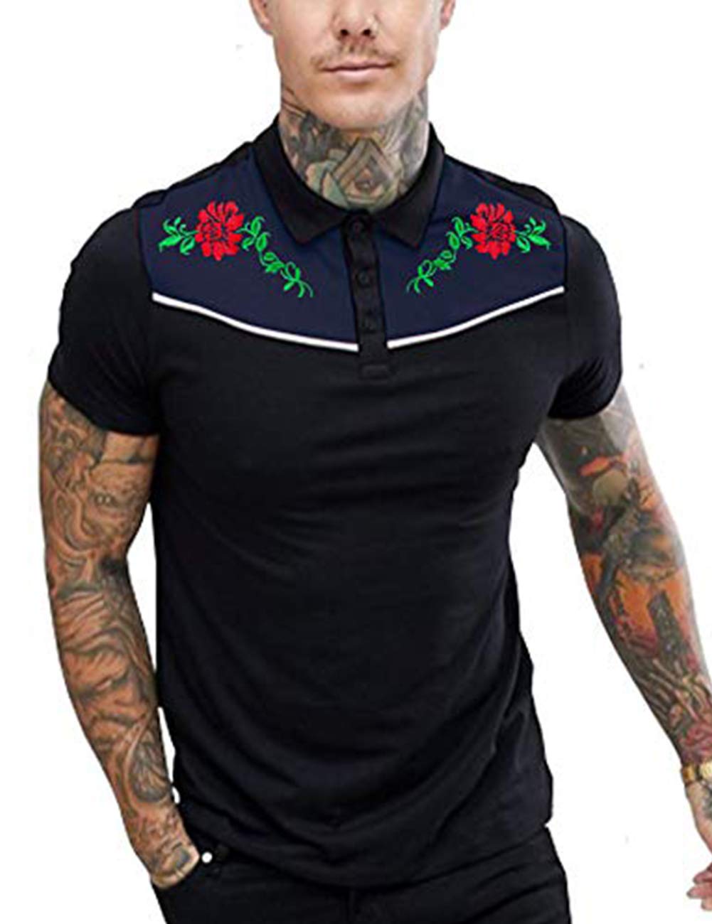 COOFANDY Men's Short Sleeve Polo Shirts Rose Floral Embroidery Casual ...