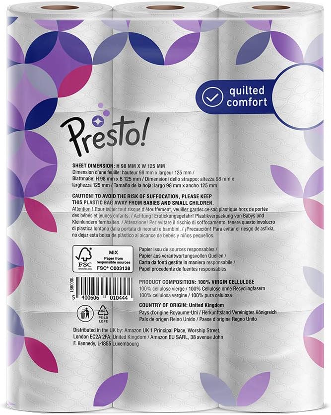 Amazon Brand – Presto! 4-Ply Quilted Toilet Tissues, 48 Rolls (4x 12 x ...