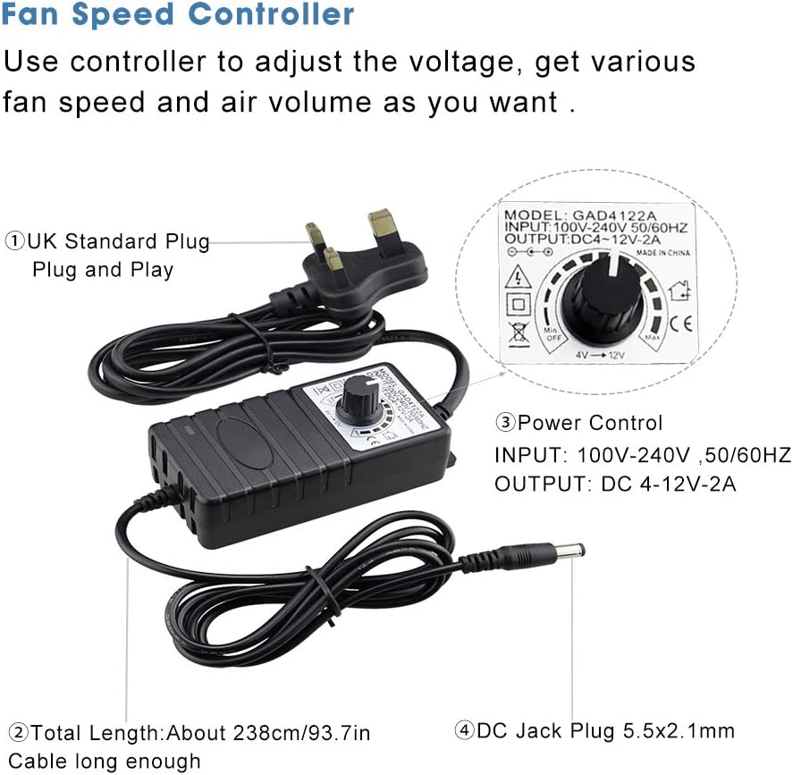GDSTIME 120mm Computer Fan with 220V 240V AC Plug Double Ball Bearing ...