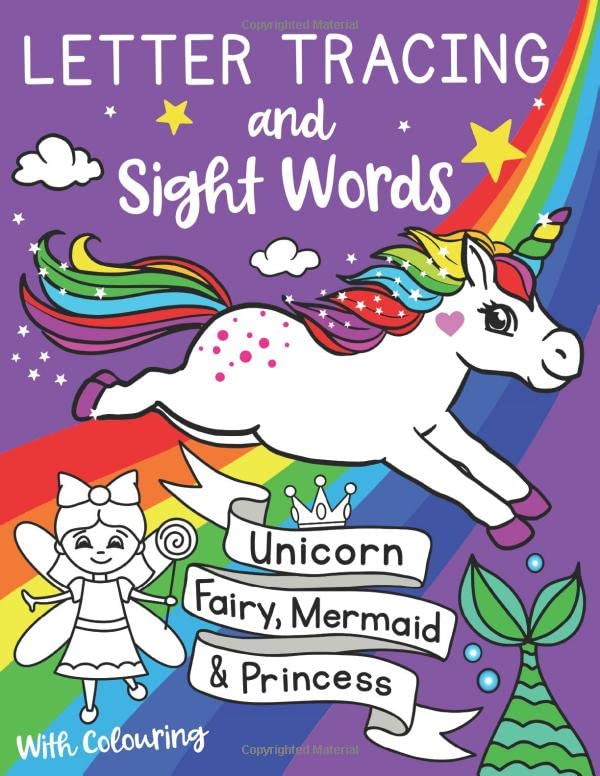 Letter Tracing and Sight Words with Colouring. Unicorn, Fairy, Mermaid ...