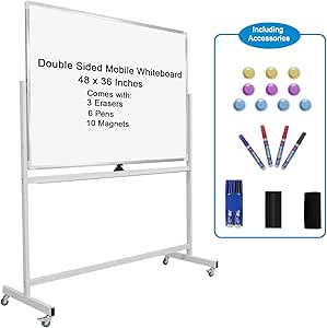Double-Sided Mobile Whiteboard Magnet Dry Erase Board on Wheels ...