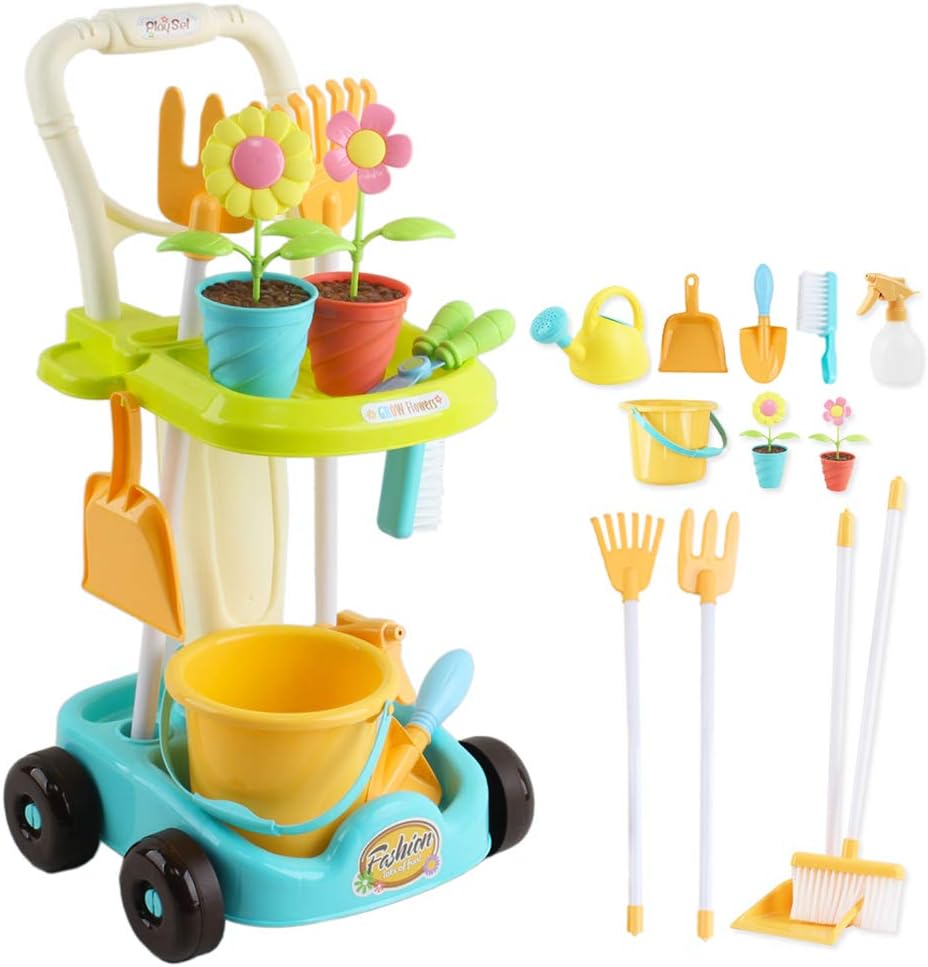 deAO 26 Pieces Kids Gardening Tools and Trolley Play Set with Rake ...