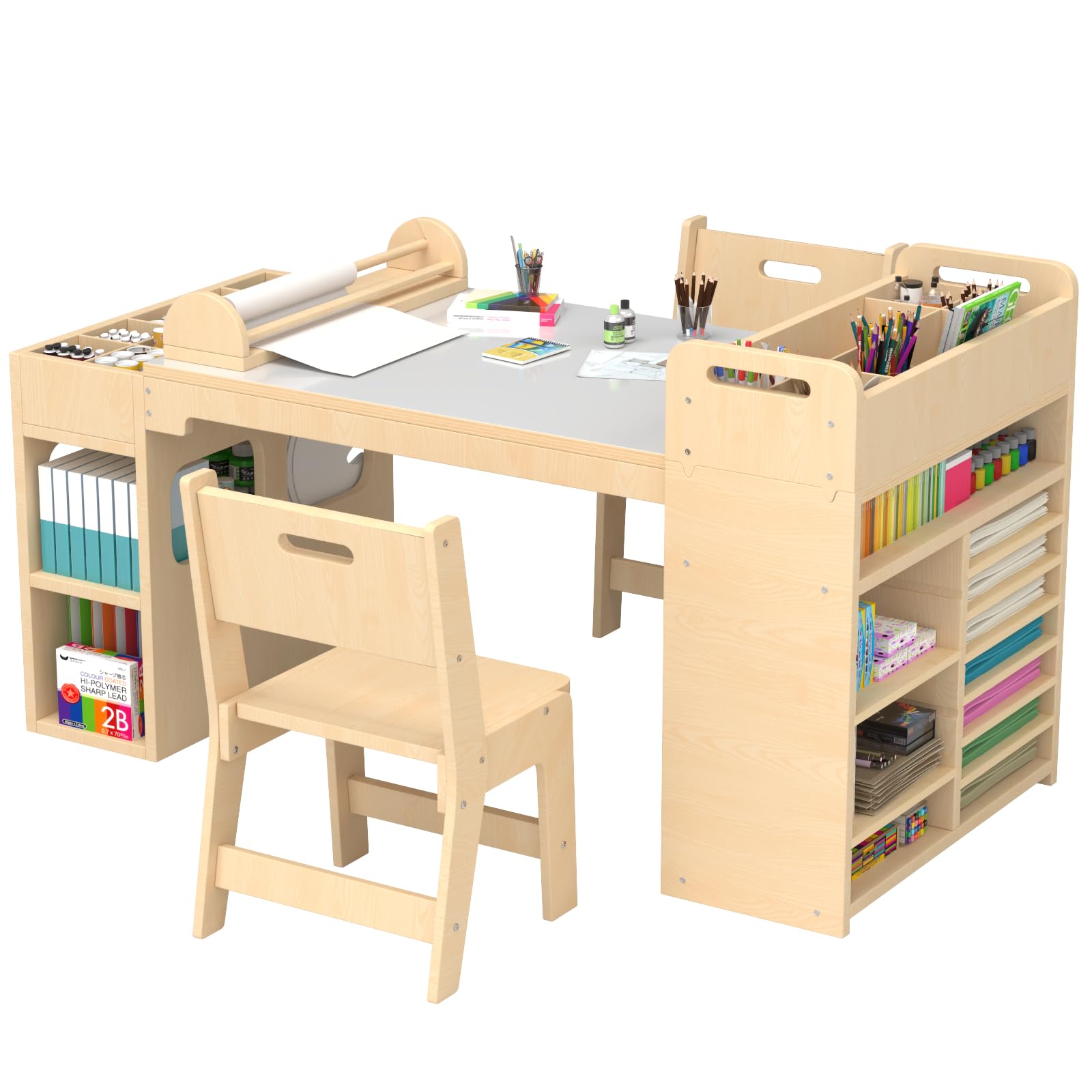RUPOLX Kids Art & Craft Table and 2 Chairs Set, Paper Roll Rack and ...