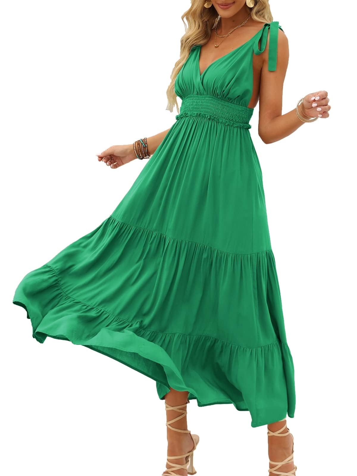 Deep Self Womens Summer Deep V Neck Backless Tie Strap Long Summer