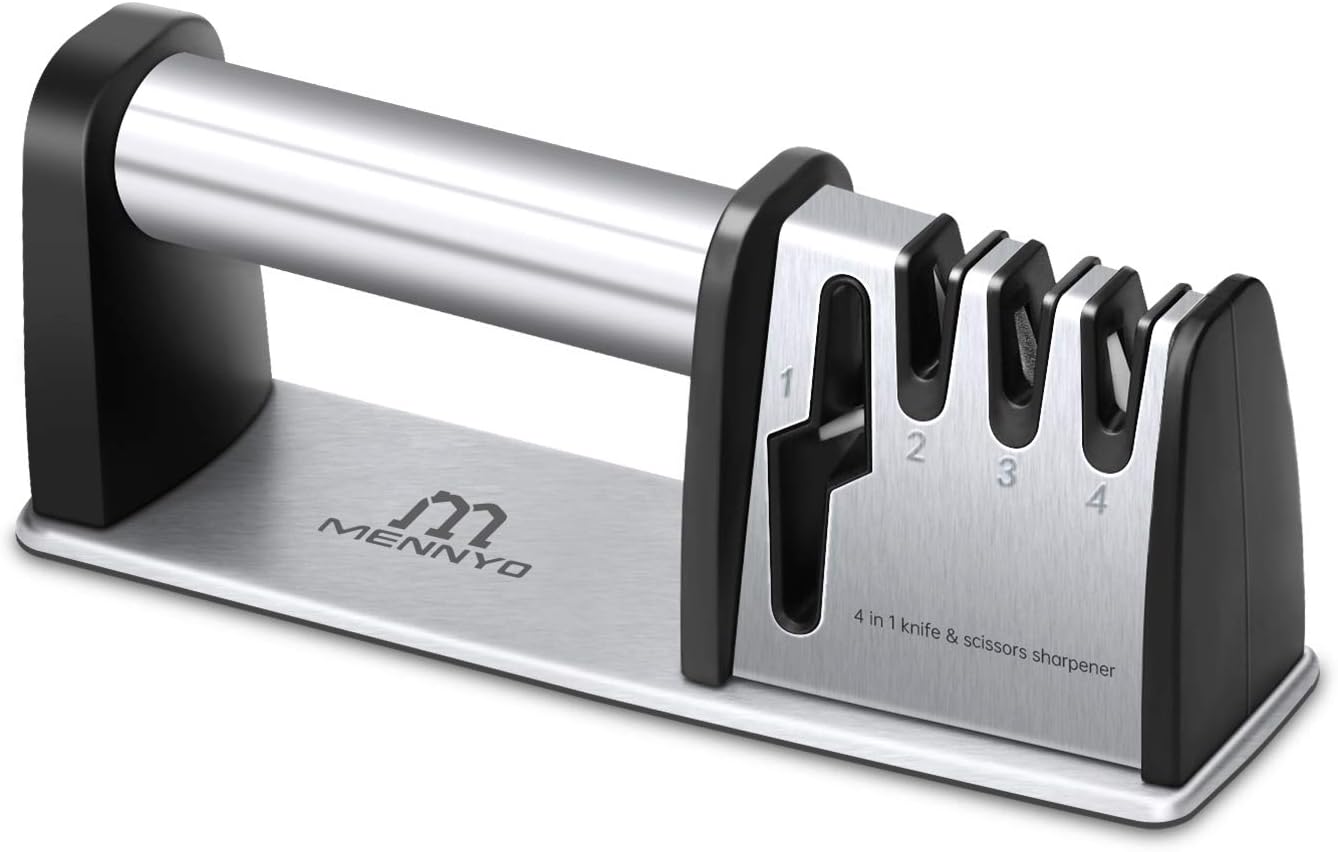 MENNYO Knife Sharpener 4 in 1 Knife Sharpening, 4 Stage Manual Knife Sharperener Scissor ...