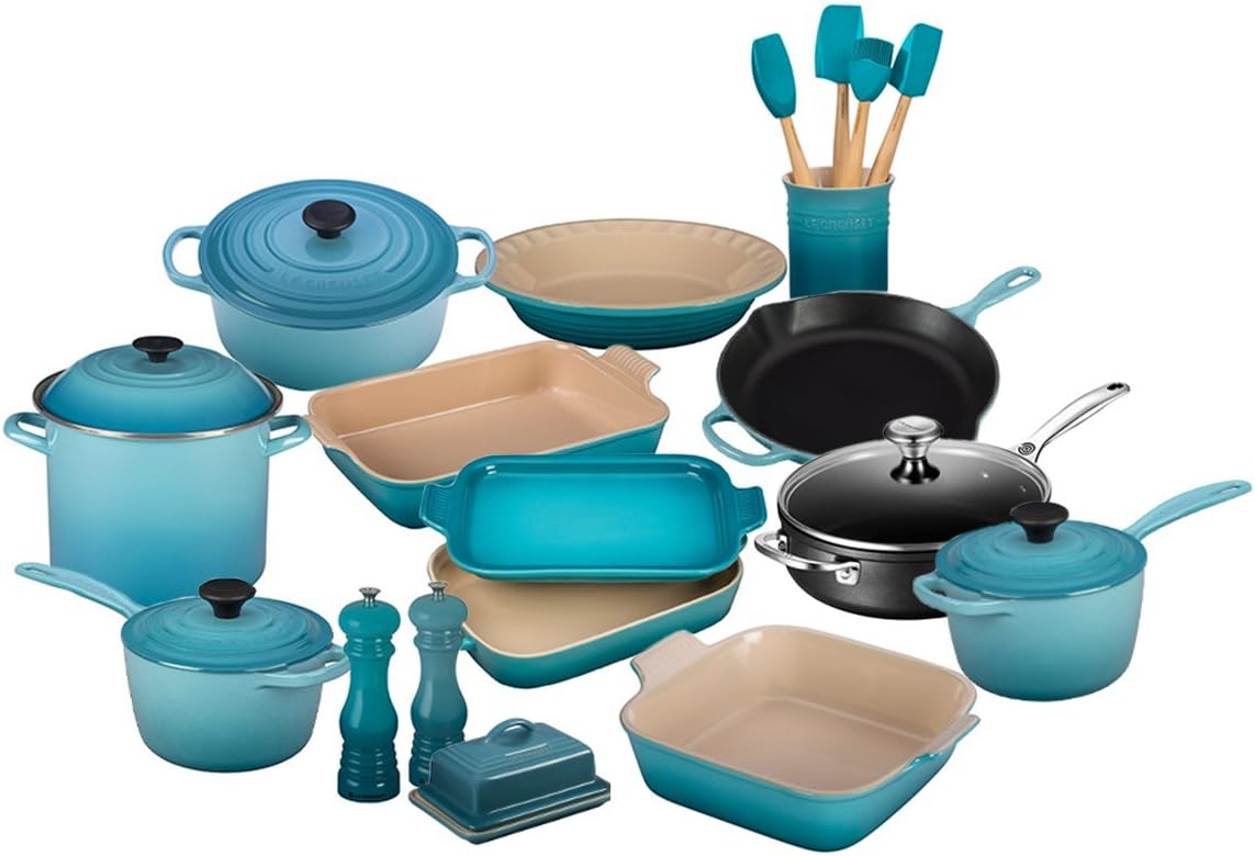 Le Creuset 23-Piece Complete Kitchen Set | Caribbean Blue: Amazon.co.uk ...