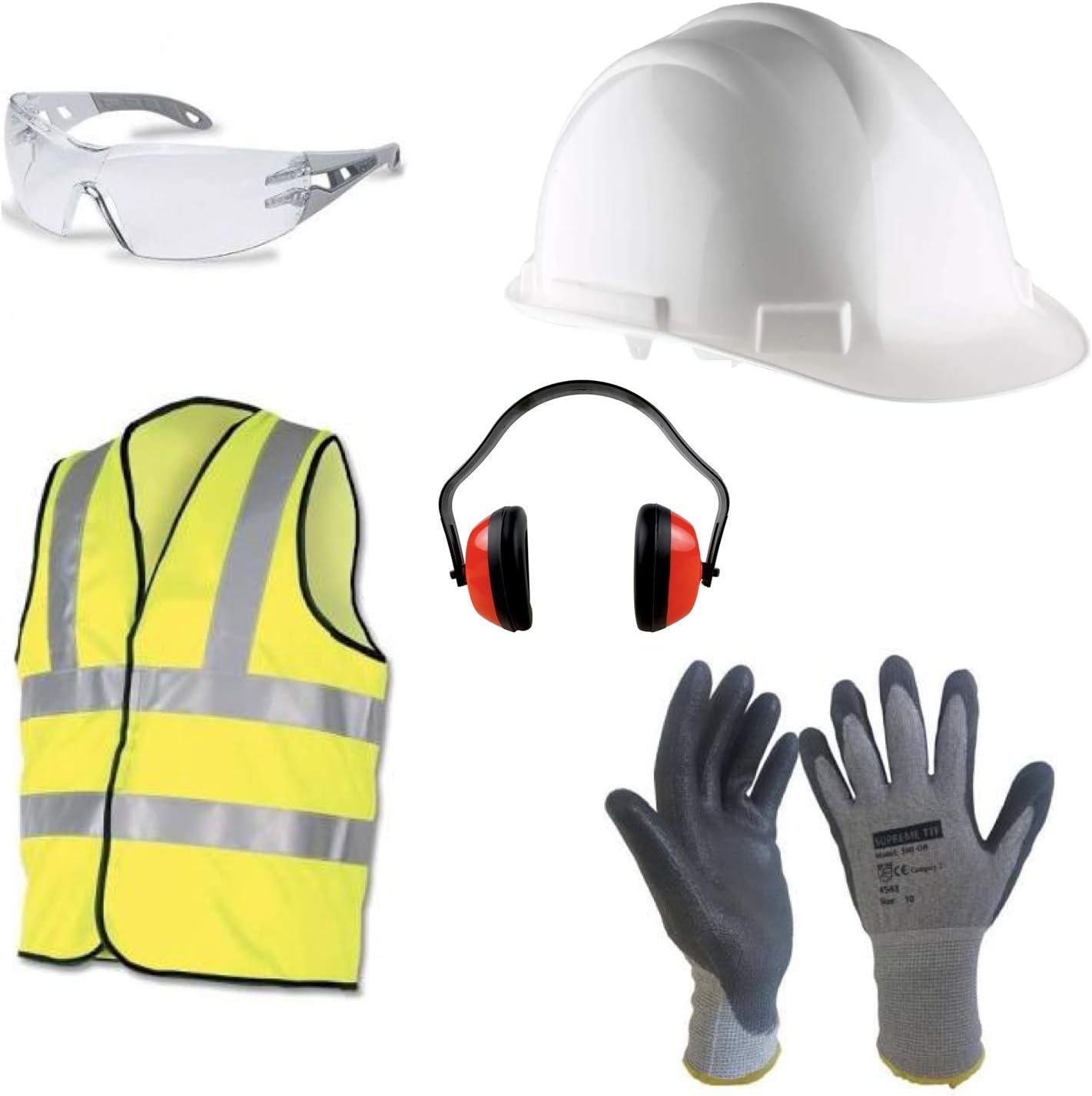 Construction PPE Kit – Hard Hat, Anti-Cut Gloves, Ear Defenders, Hi Vis ...