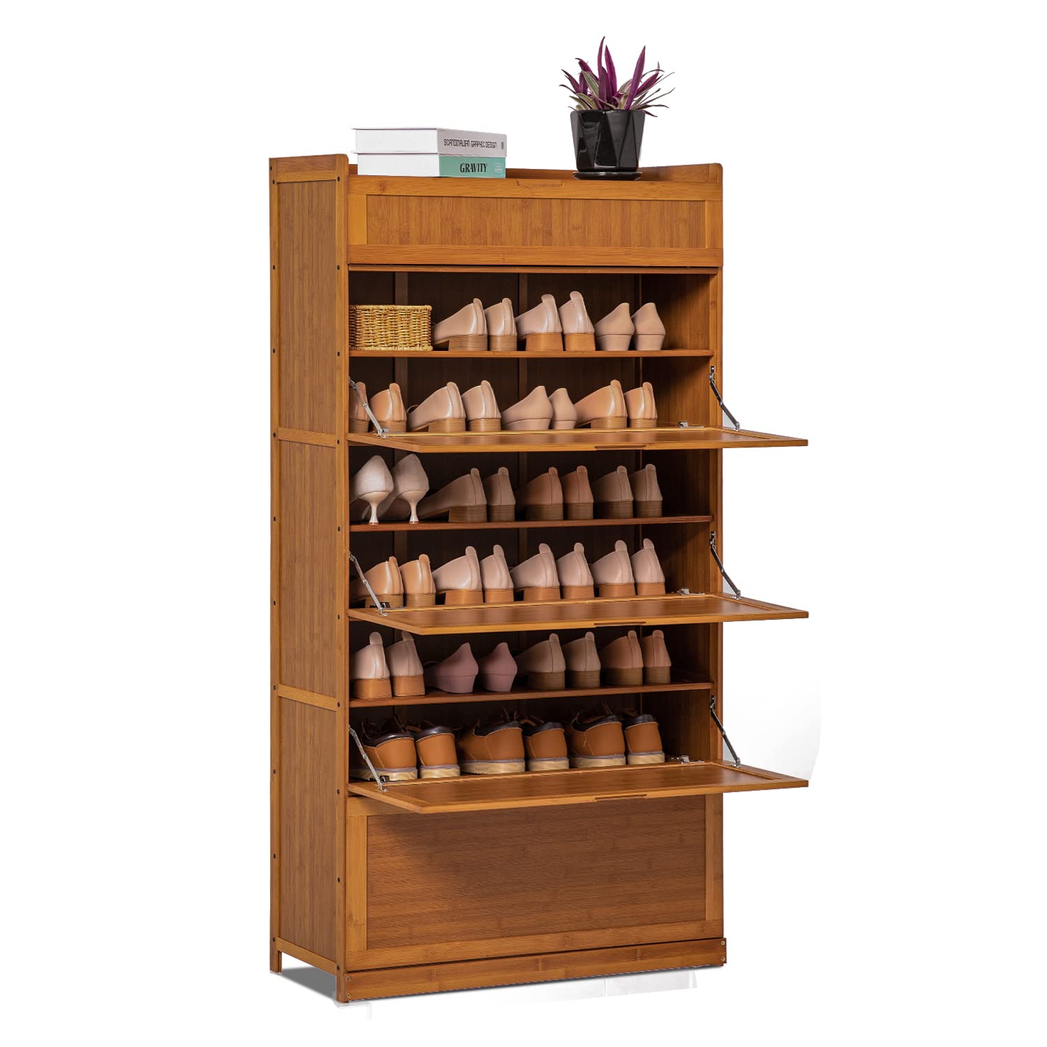 MoNiBloom Bamboo 9-Tier Shoe Organizer Modern Cabinet with Pull-Down ...