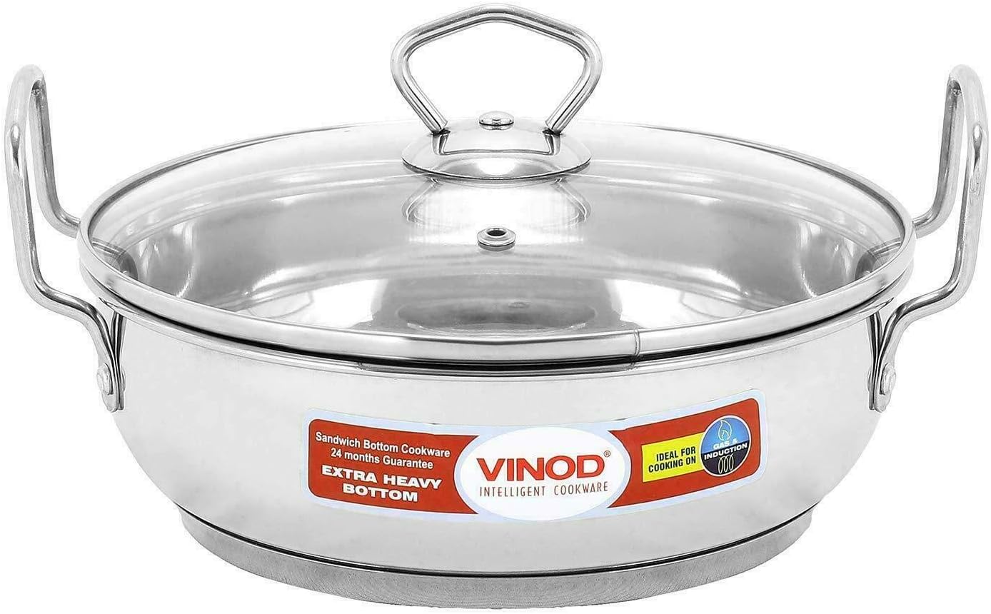 Vinod Stainless Steel Induction Base Kadai Wok With Glass Lid Frypan ...