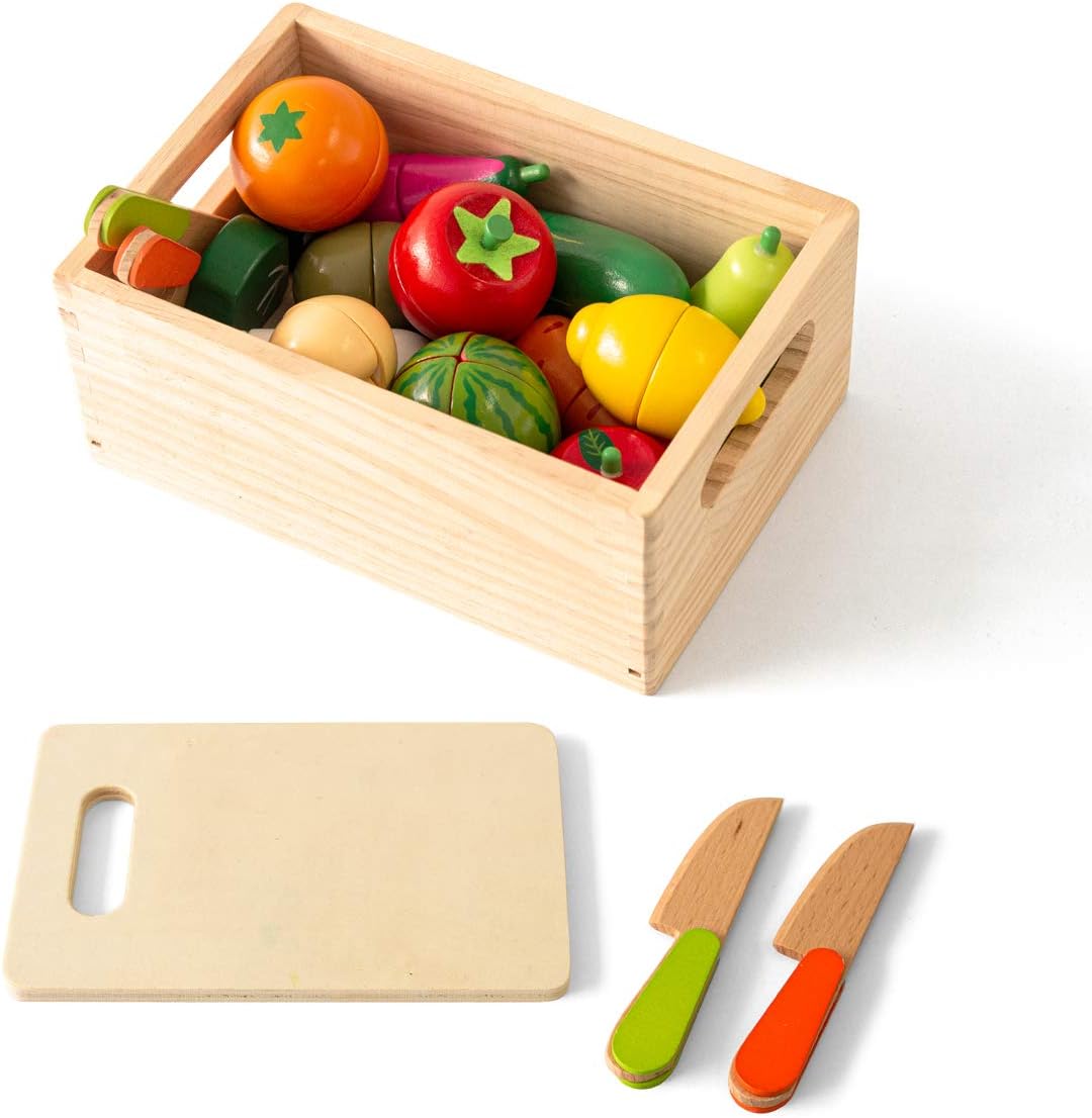 Amazon | RiZKiZ 木製 詰め合わせ フルーツ野菜セット 全16種類セット マグネット式 ままごと まな板 包丁 木箱付き 木製 ままごとセット 切れる ナイフ 知育玩具 ...