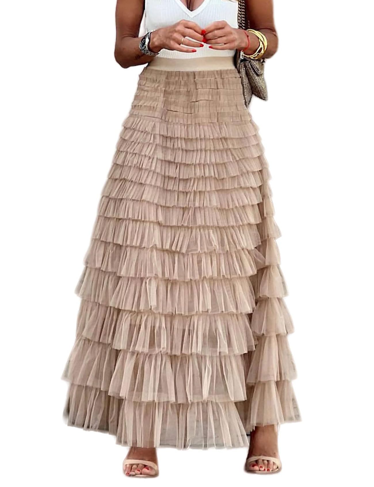 Flygo Women's Long Maxi Tulle Skirts A Line Ruffle High Waisted Tiered ...