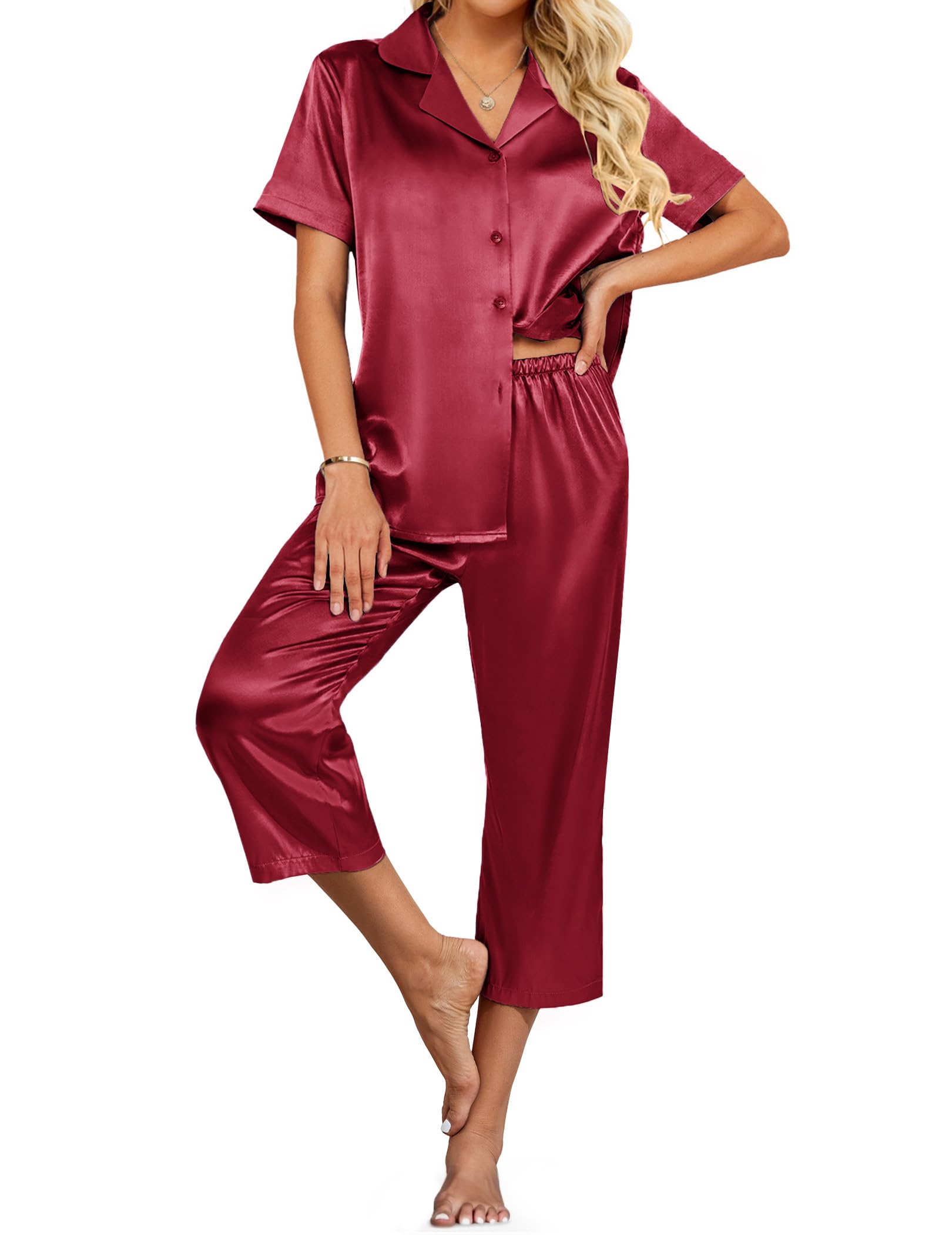 Ekouaer Womens Satin Pajamas Silk Capri Pjs 2 Piece Lounge Sets Short ...