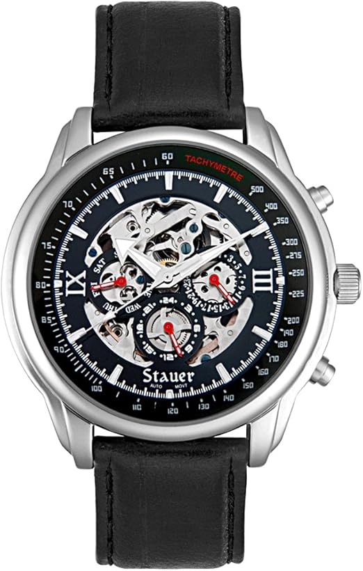 Amazon.com: Stauer Men's E254S/BLK Automatic Skeleton Black Leather ...