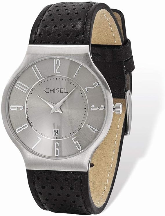 Amazon.com: Chisel Stainless Steel Grey Dial Black Leather Mens Watch ...