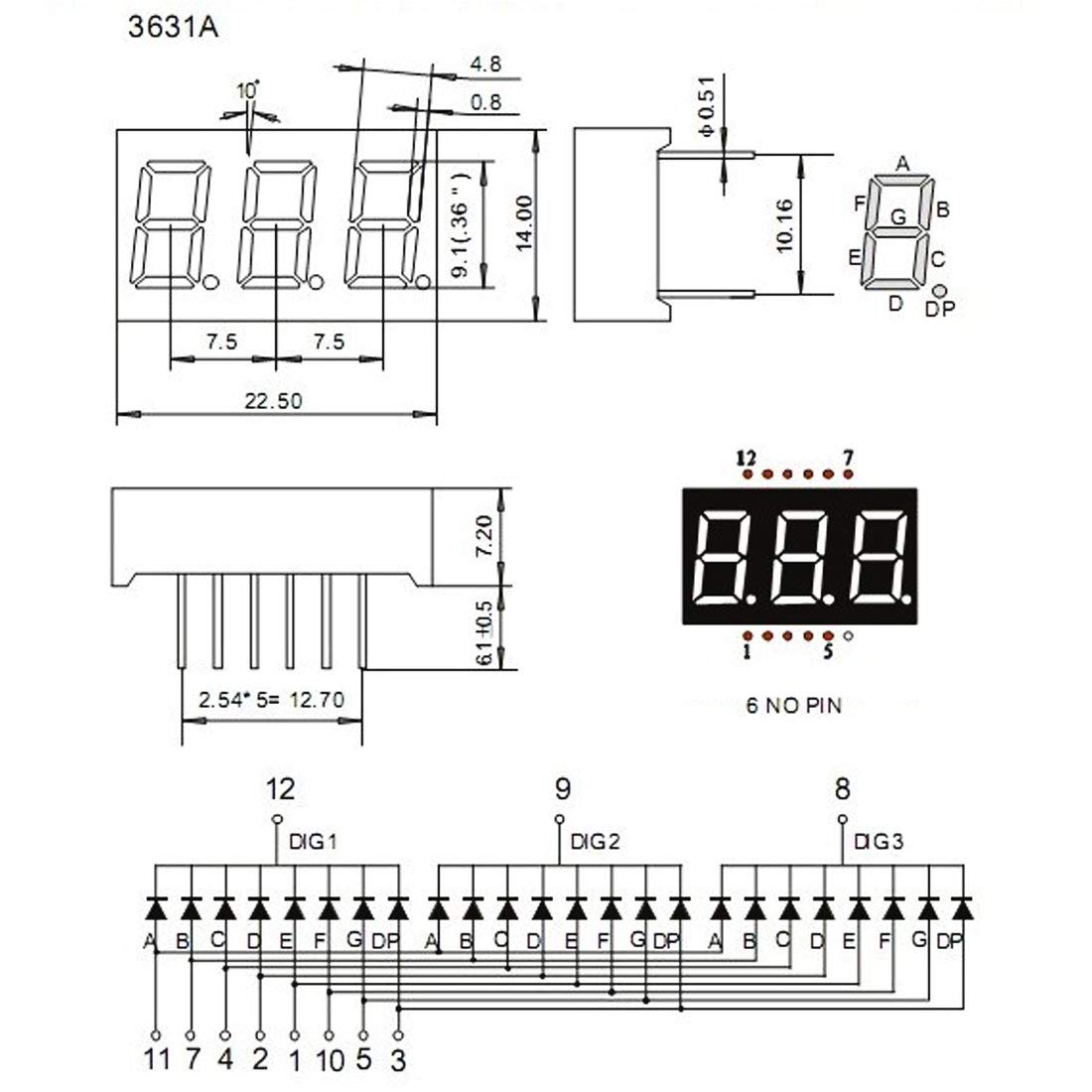 uxcell Common Anode 12 Pin 3 Bit 7 Segment 1.48 x 0.75 x 0.31 Inch 0.55 ...