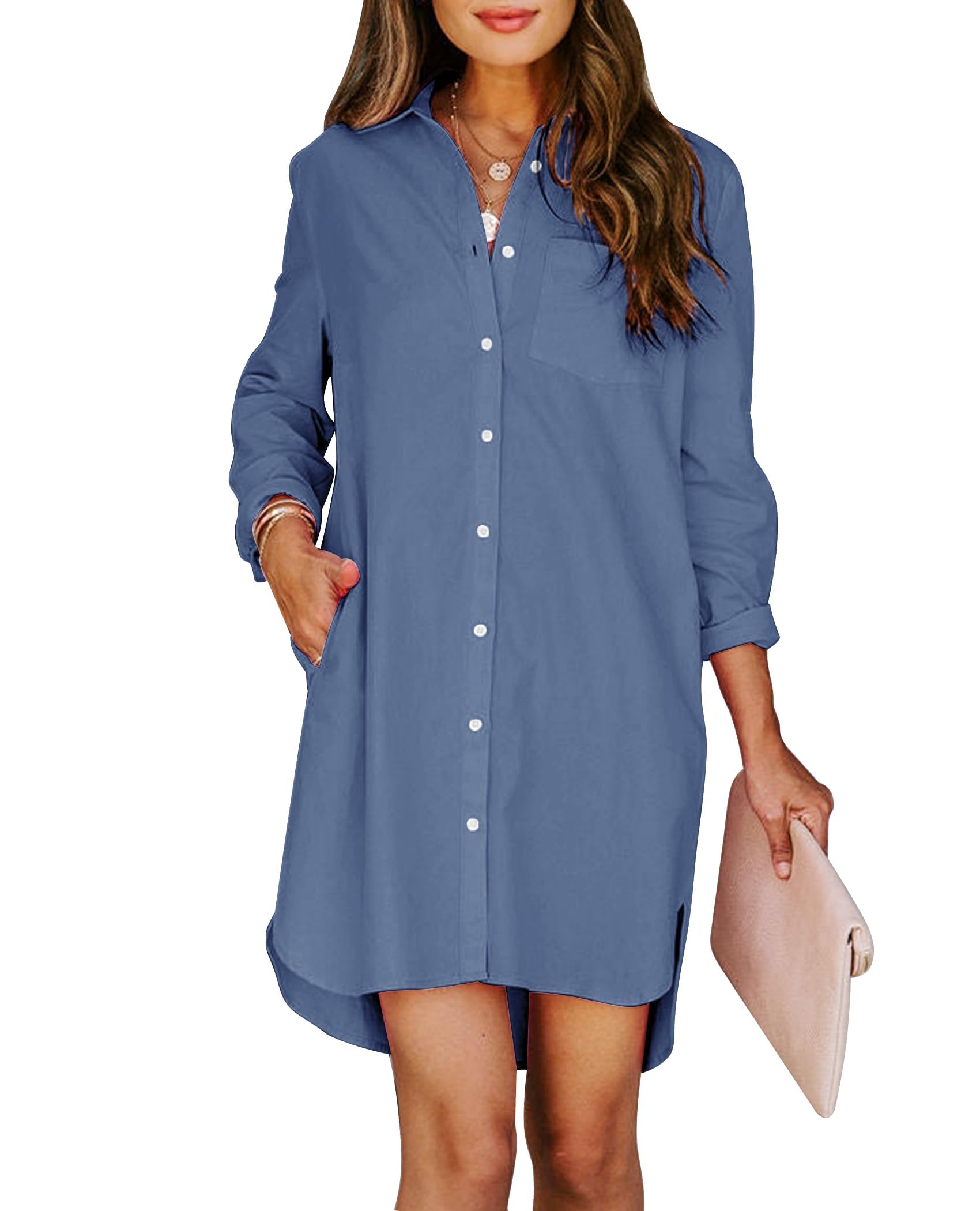 Aoudery Womens Button Down Shirt Dresses with Pockets Cotton Button Up Tunics Long Sleeve Solid ...