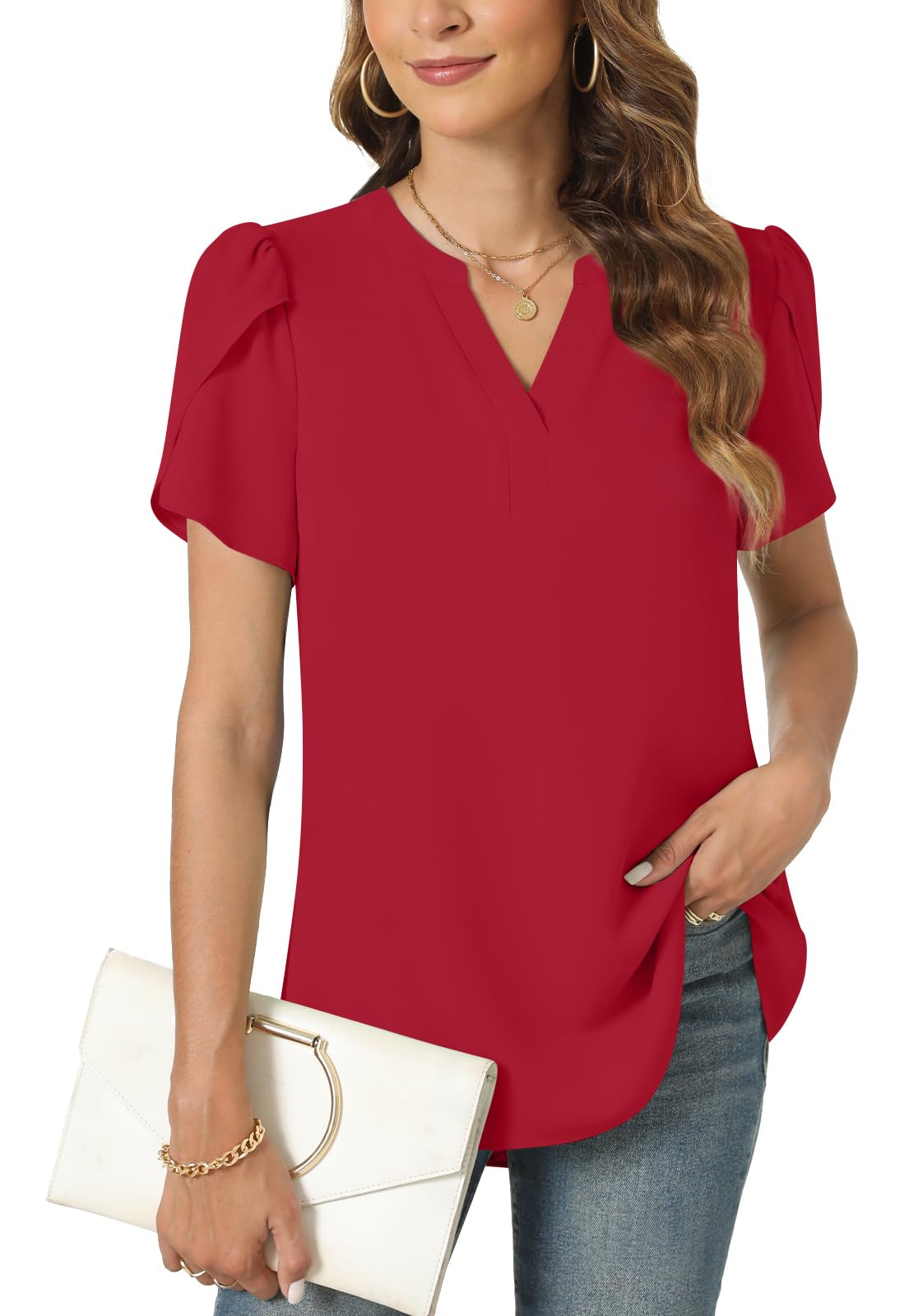 Anyally Women's V Neck Short Sleeve Chiffon Blouses Casual Shirts Flowy ...