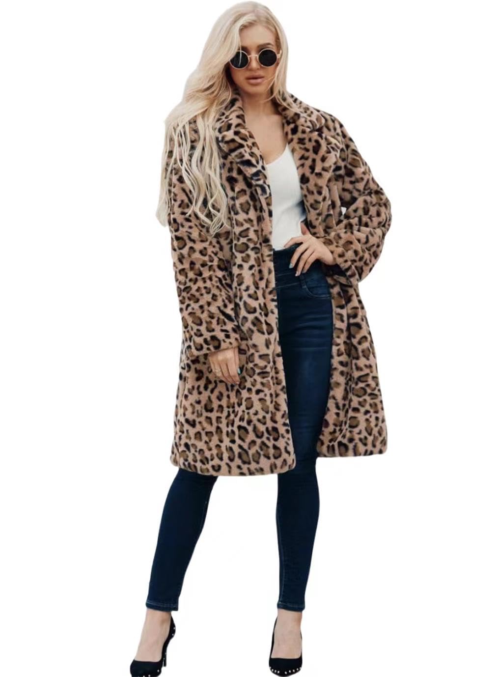 Yomcud Long leopard suit collar faux fur coat women's casual coat ...