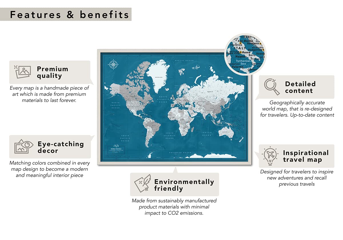 Push Pin Wall Map Framed | Personalized World Map with Pins | Large ...