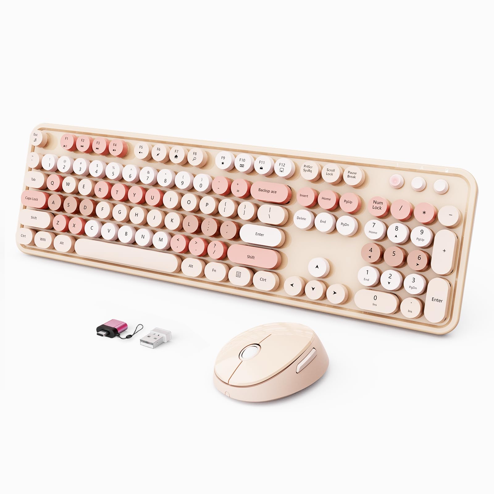 Wireless Keyboard and Mouse Combo, Ergonomic Full Size Typewriter Retro ...