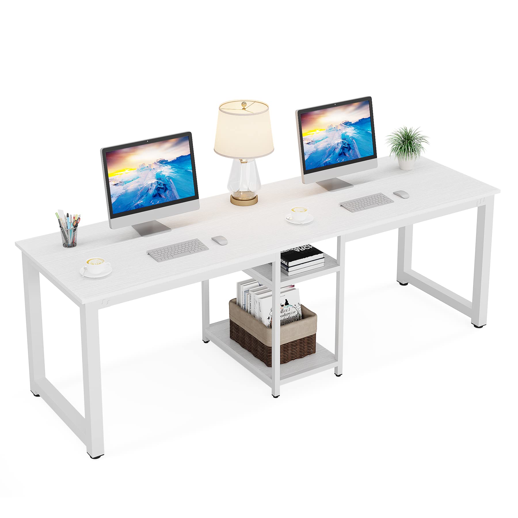 LITTLE TREE Double Desk with Storage, 78 Inch Long Desk for 2 People ...
