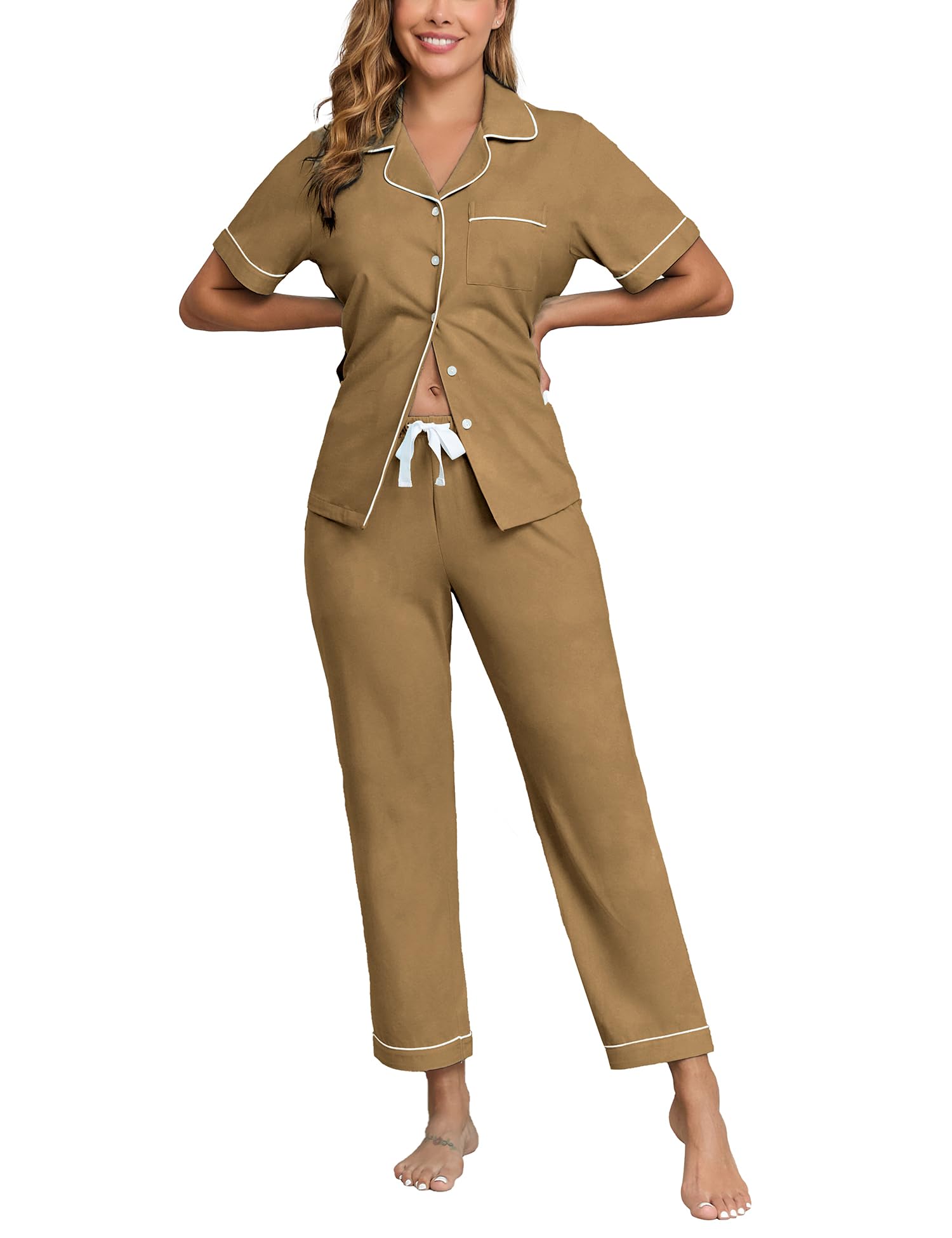 COLORFULLEAF Women's 100% Cotton Pajama Set Button Down Sleepwear Short Sleeve Shirt and Long ...